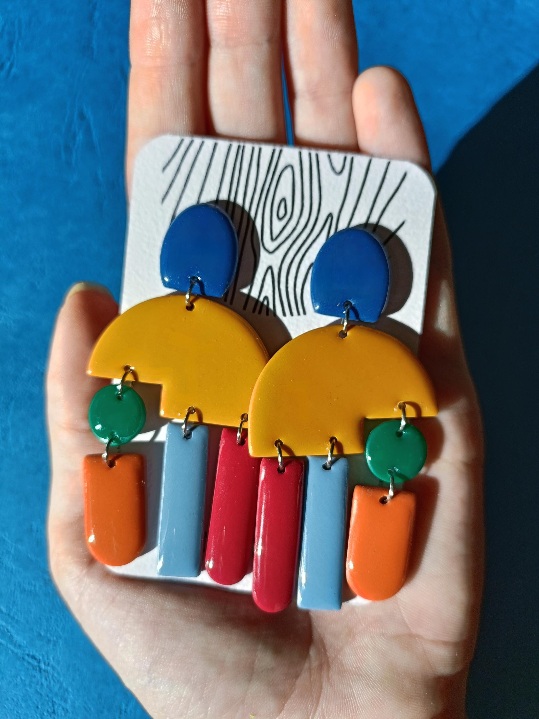 Fall Color Scheme Polymer Clay Earrings / Handmade Geometric Shape Stud ...