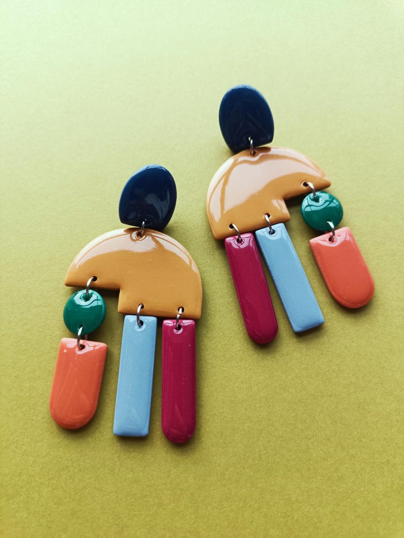 Fall Color Scheme Polymer Clay Earrings / Handmade Geometric Shape Stud ...