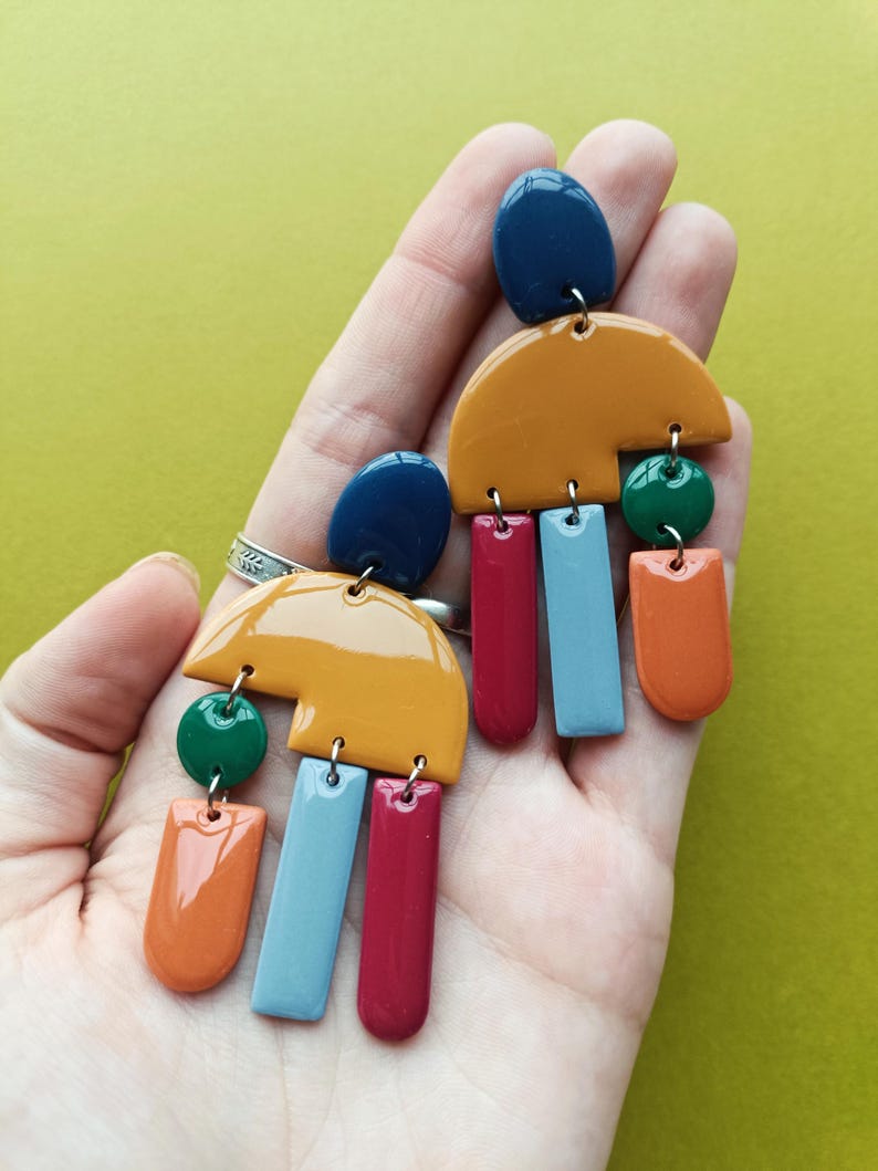 Fall Color Scheme Polymer Clay Earrings / Handmade Geometric Shape Stud ...