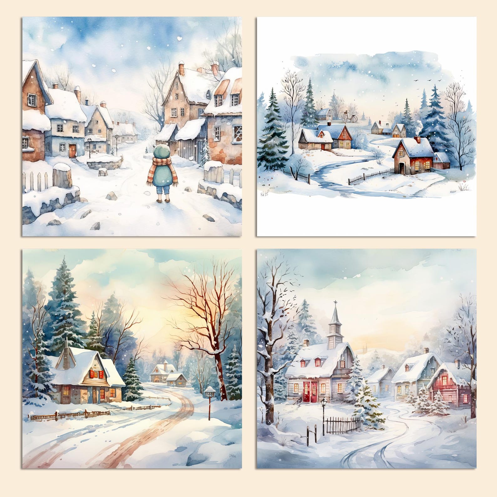 12 Christmas Card Clipart, Watercolor Winter Houses, Junk Journal ...