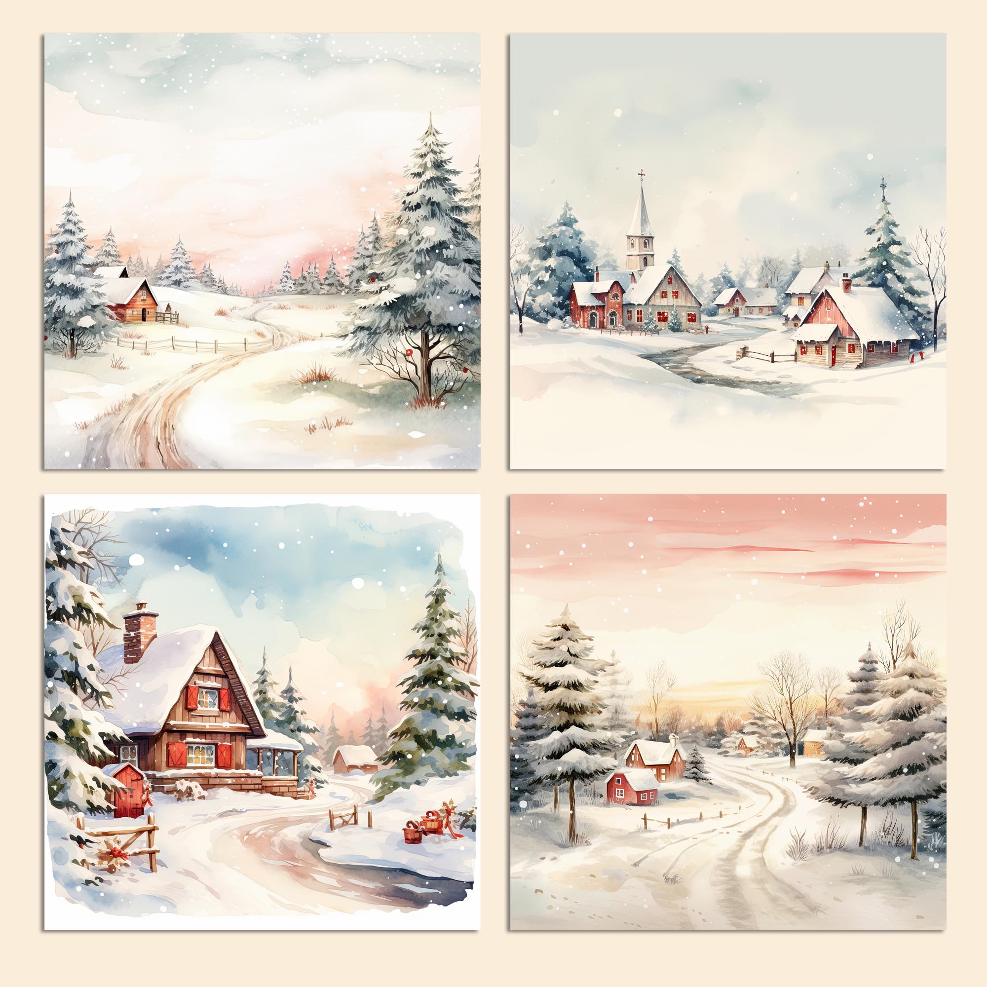 12 Christmas Card Clipart, Watercolor Winter Houses, Junk Journal ...