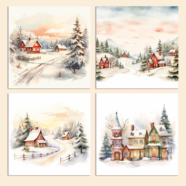 12 Christmas Card Clipart, Watercolor Winter Houses, Junk Journal ...