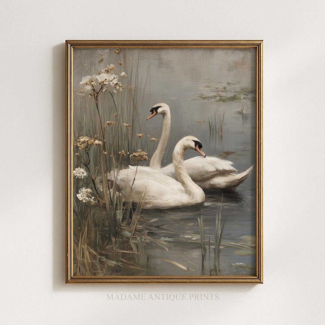 Vintage Swan Lake Painting, Romantic Cottagecore Wall Art (digital ...