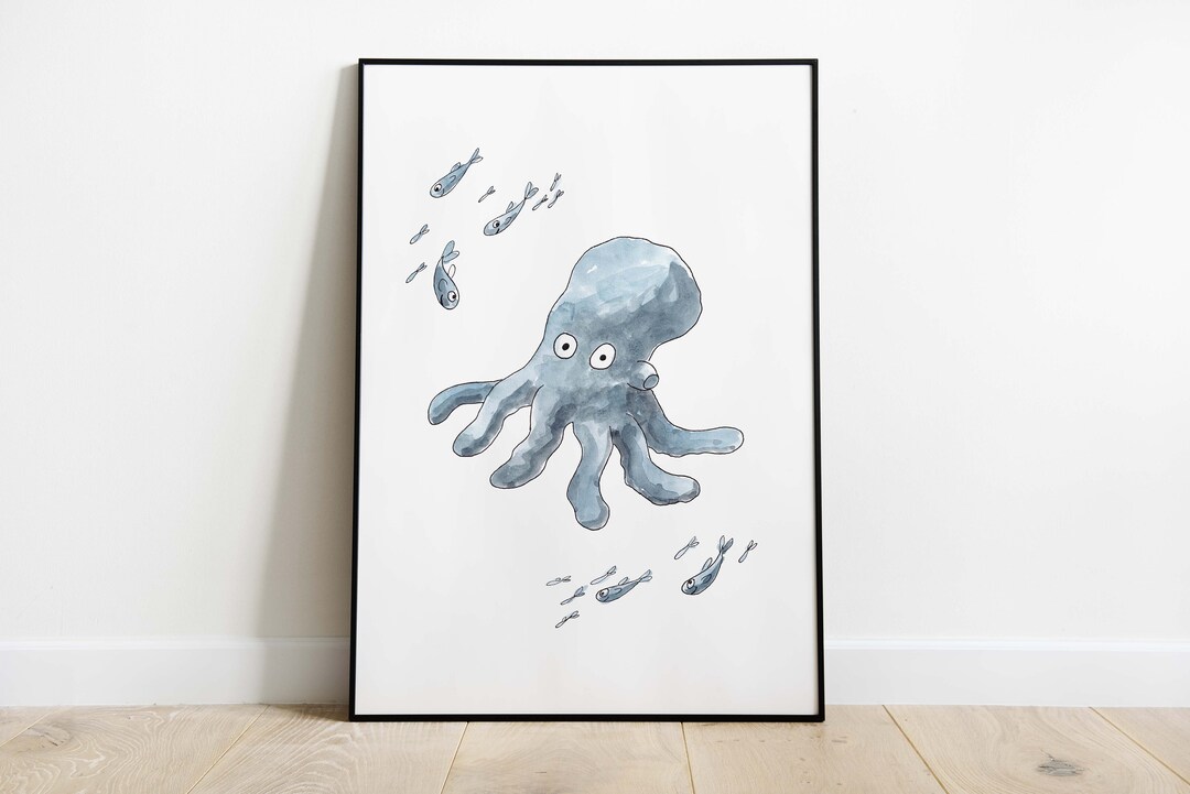 Octopus Friend, Cartoon Wall Art, Bed/bathroom Print, Children's ...