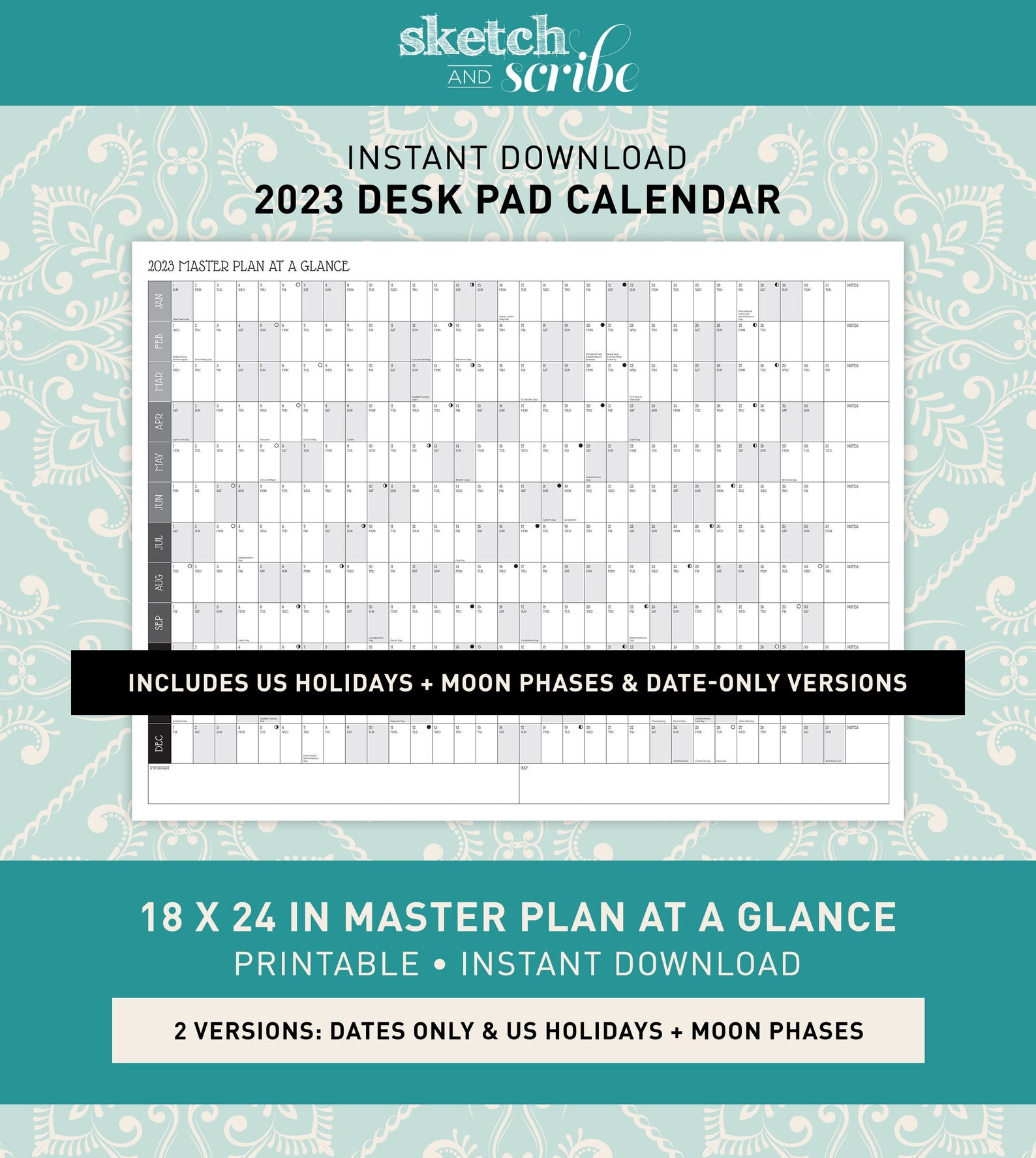 Printable Large Format 2023 Desk Pad Calendar PDF, 1 Year View ...
