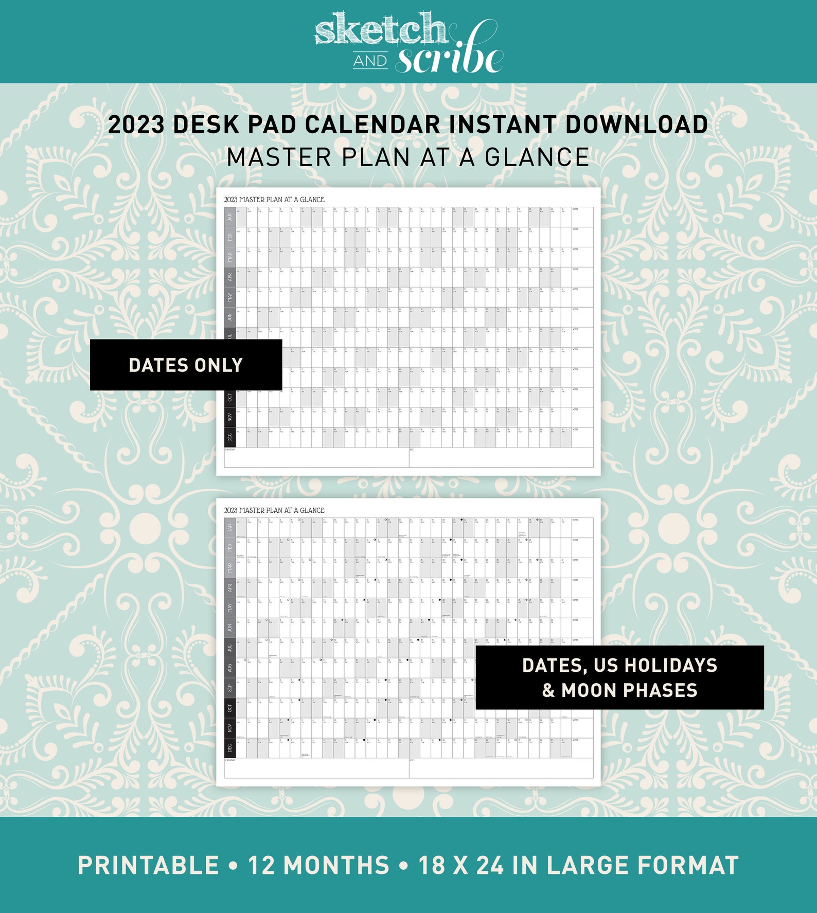 Printable Large Format 2023 Desk Pad Calendar PDF, 1 Year View ...
