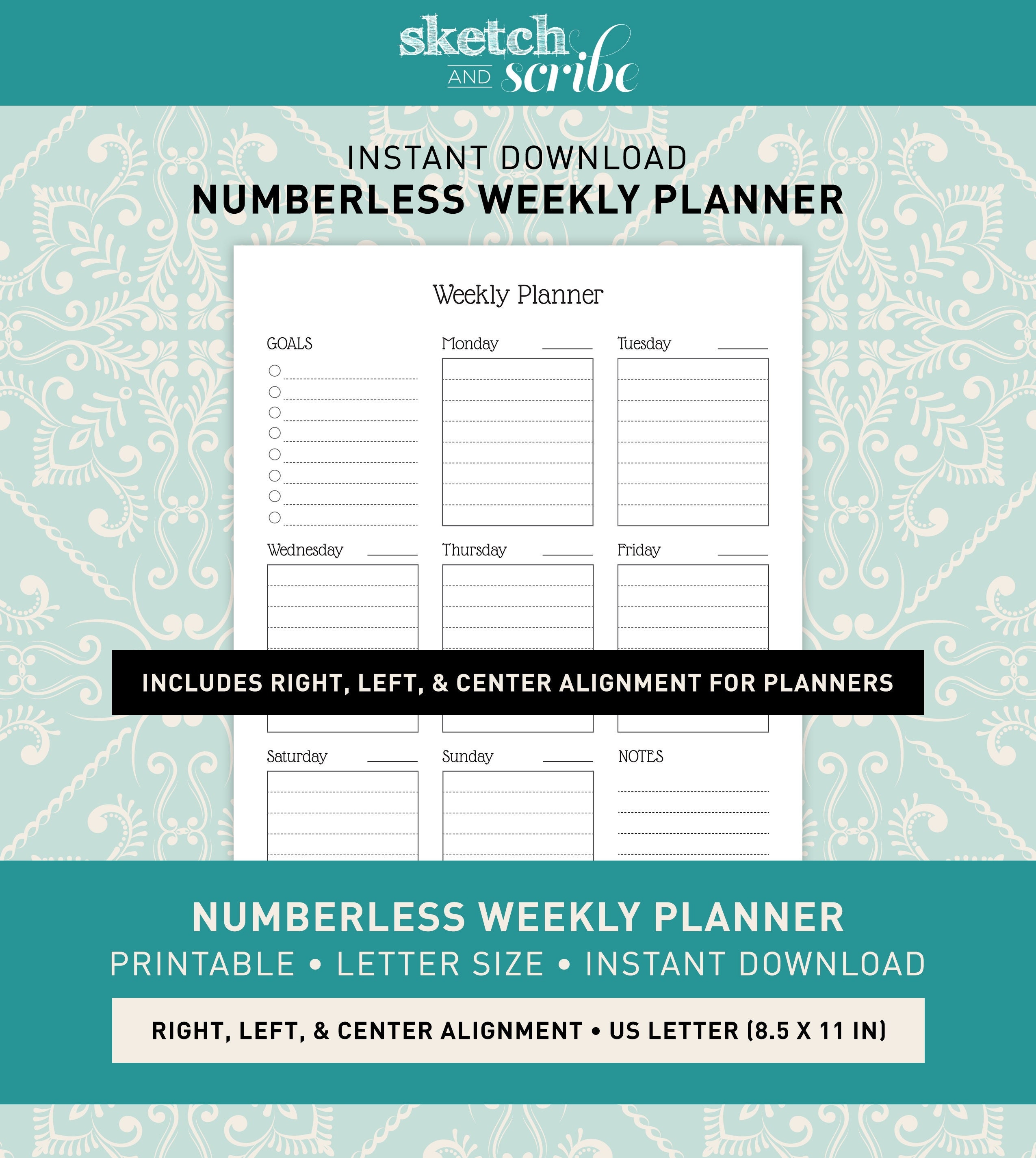 Printable Numberless Weekly Planner Calendar Pages PDF, Minimalist ...