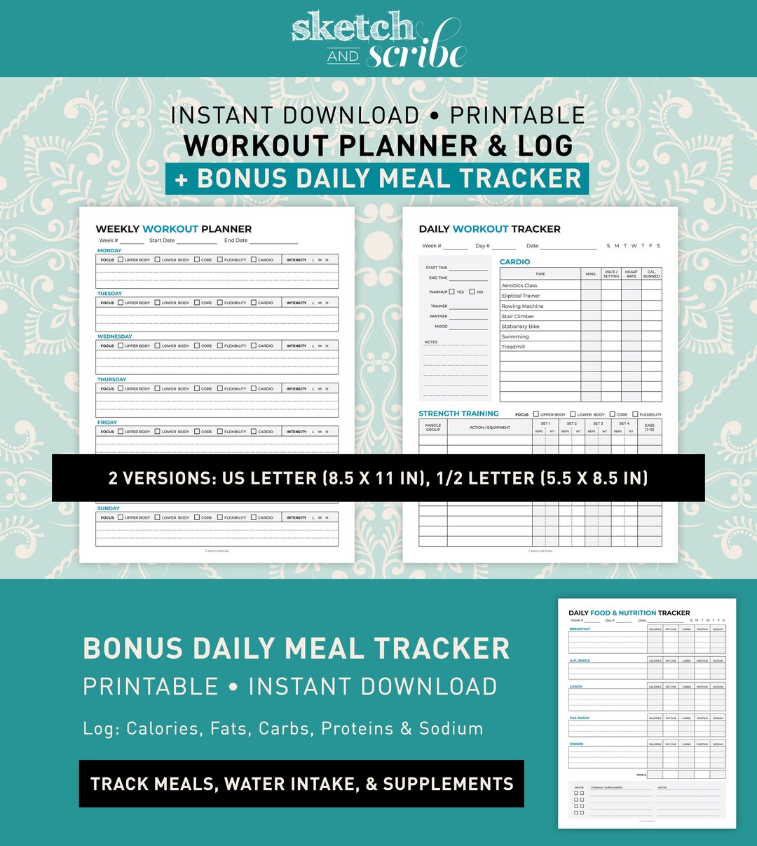 Printable Fitness, Health, Meal, Workout Planner Daily, Weekly Tracker ...