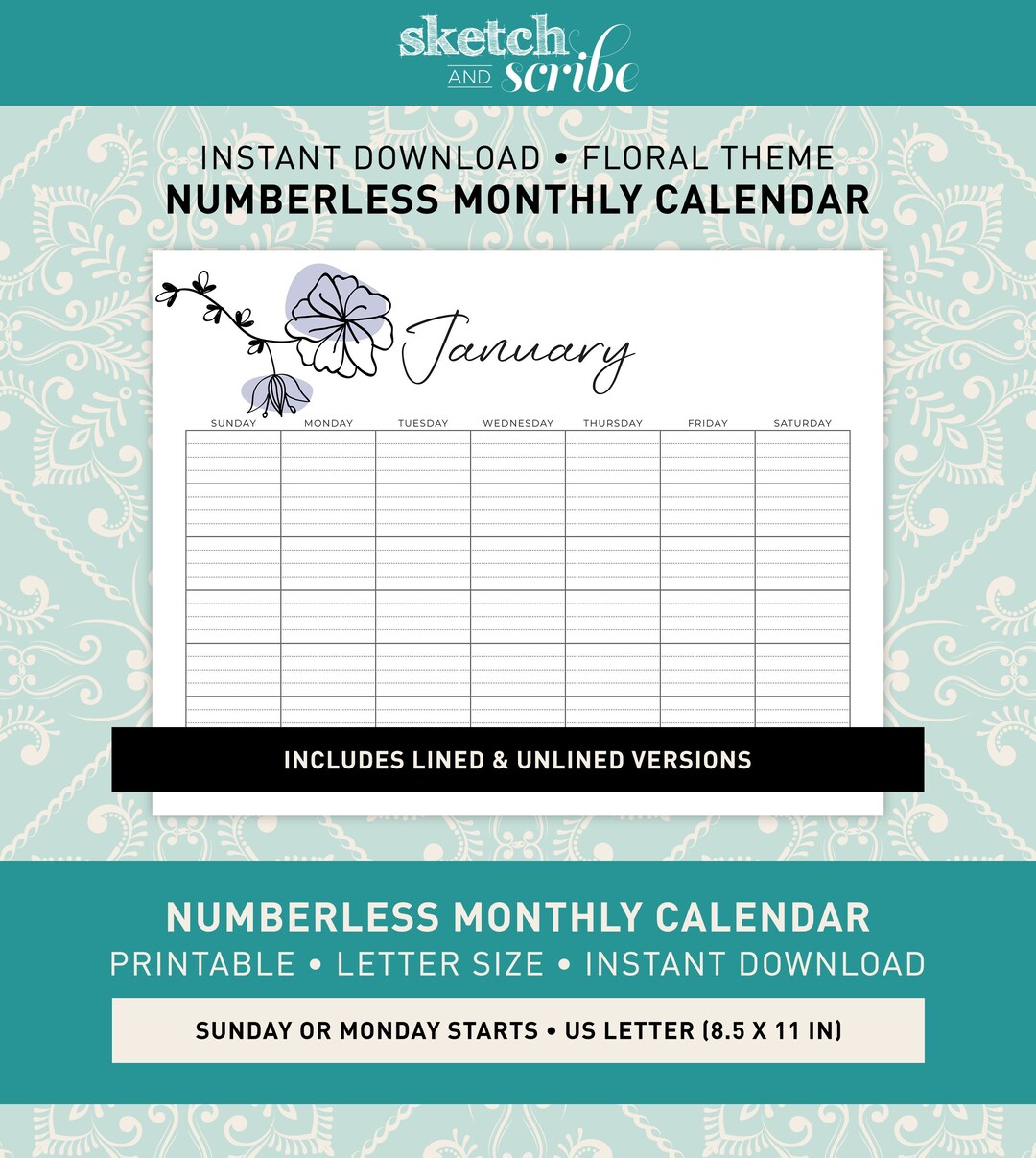 Printable Numberless 12 Month Calendar Pages PDF, Floral Theme, Letter ...