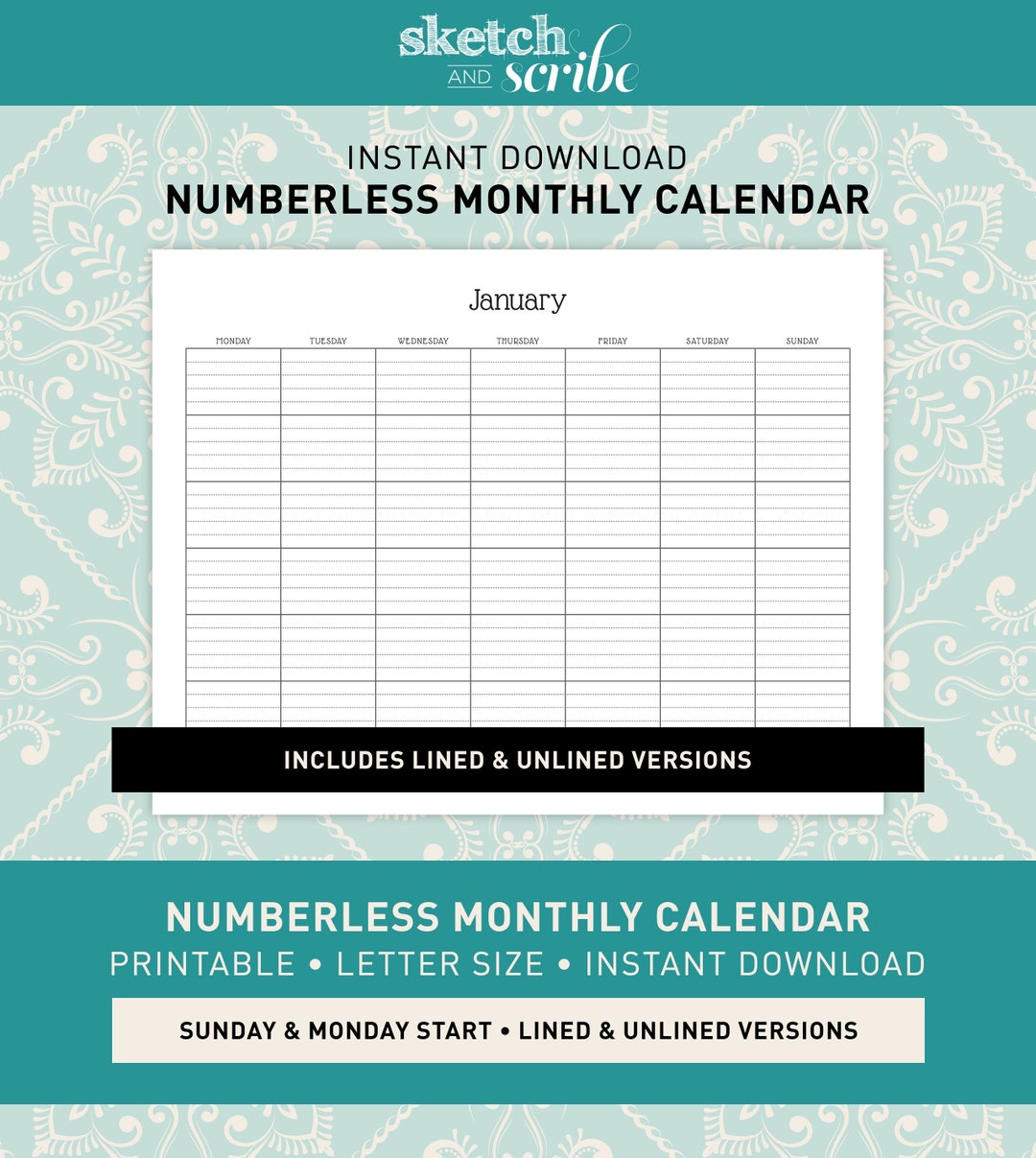 Printable Numberless 12 Month Calendar Pages PDF, Minimalist, Letter ...