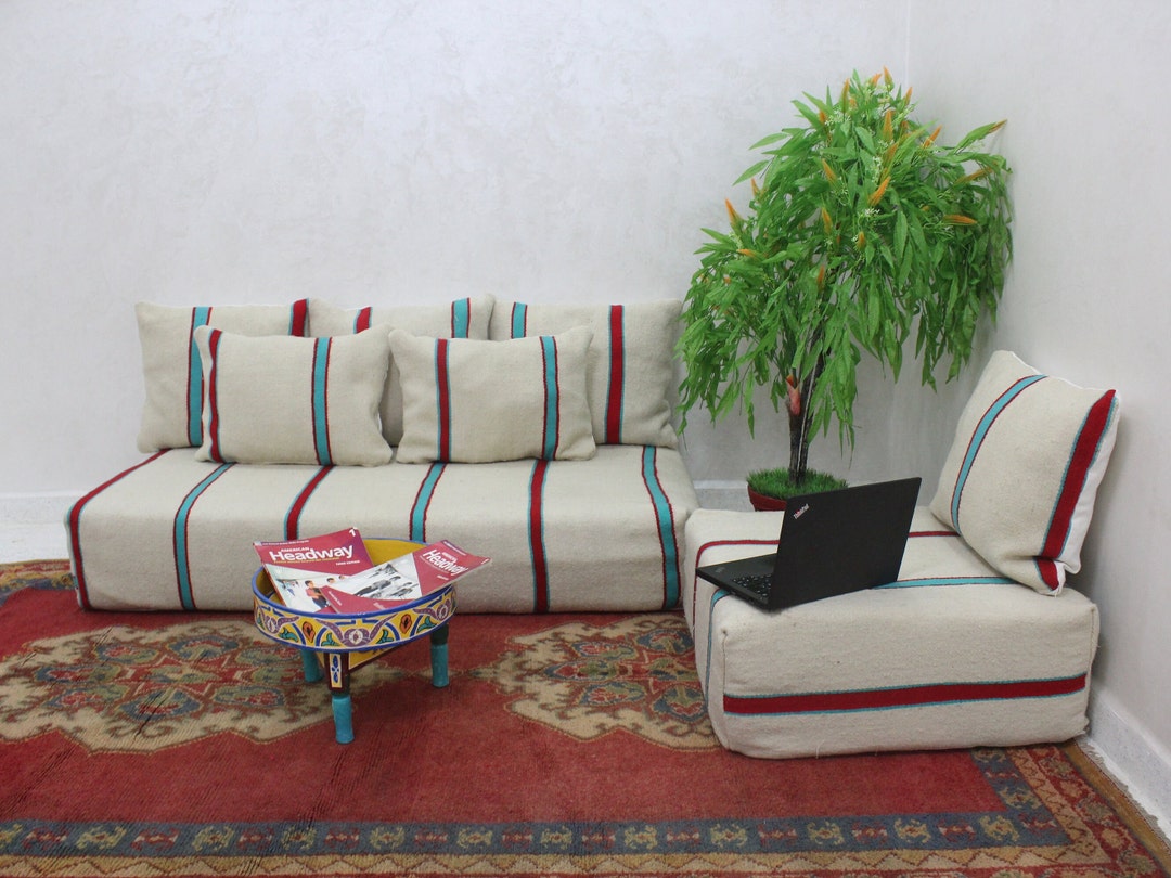 Moroccan Sofa, Moroccan Floor Sofa, Moroccan Floor Couch, Set of Floor Sofa Pillows Pouf, Floor ...