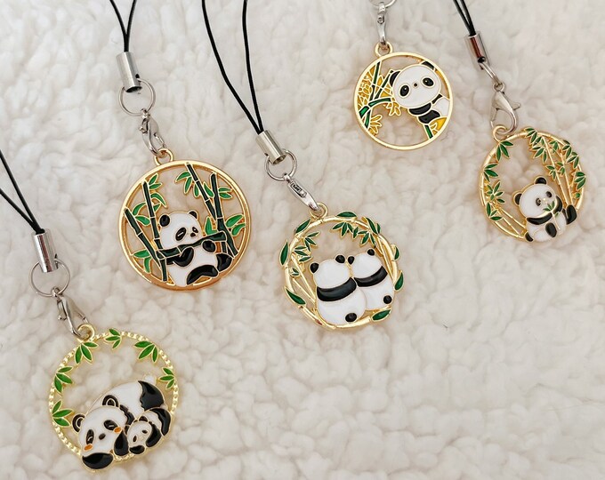 Panda Phone Charm, Cute Panda Bear Keychain, Artistic Keyring, Bamboo ...