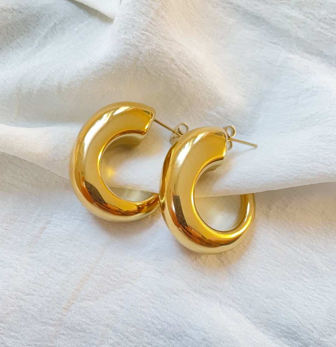 Gold Filled Thick Hoop Earrings for Women, Vintage Gold Hoops, Simple ...
