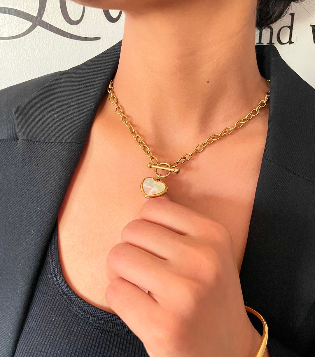 18K Gold Chunky Heart Necklace, Crystal Heart Choker, White Heart Necklace, Gemstone Necklace ...