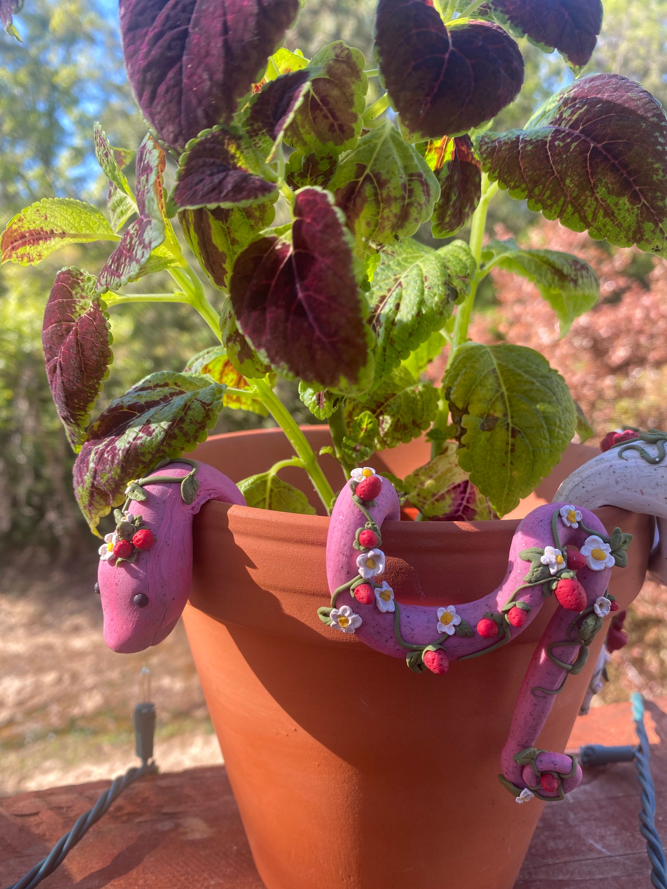 Flower Pot Snake Buddy, Strawberry / Rose Hand-crafted Clay Sculpture ...