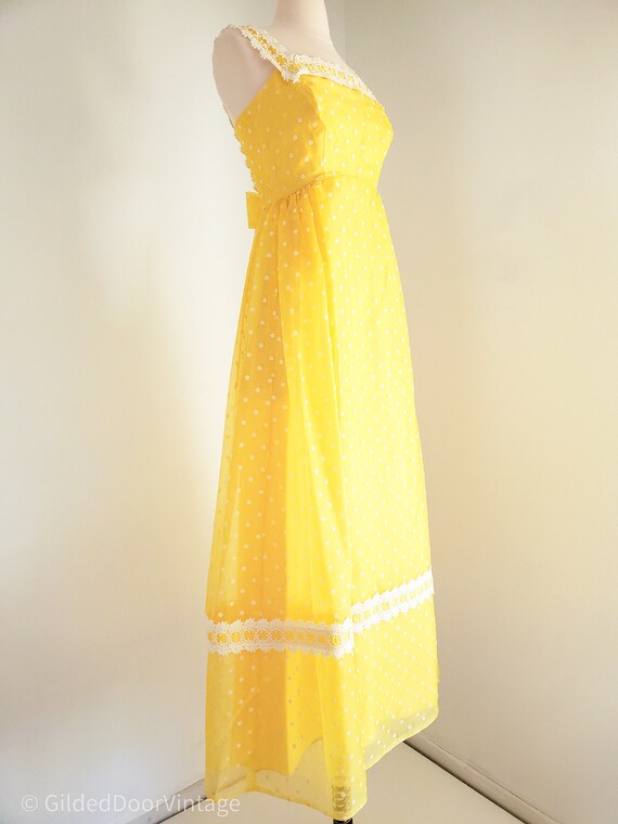 60s Vintage NOS Maize Yellow Polka Dot Maxi Dress by … - Gem