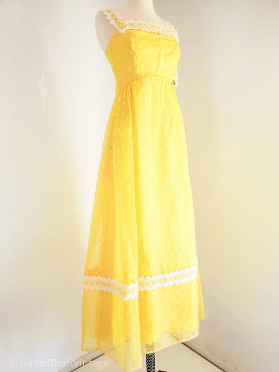 60s Vintage NOS Maize Yellow Polka Dot Maxi Dress by … - Gem