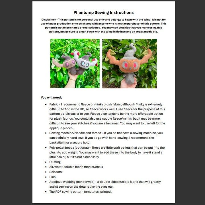 Digital Sewing Pattern Phantump Pokemon Inspired Sewing Plush Pattern ...
