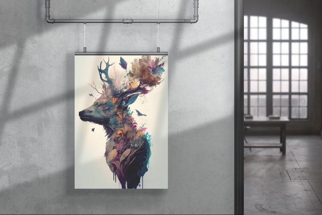 Floral Deer Art Unframed Poster, Abstract, Buck, Wall Art, Digital Art ...