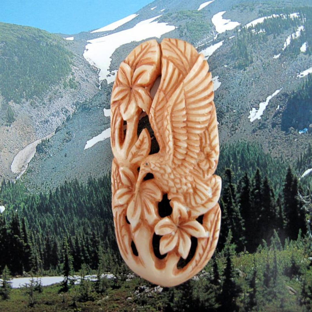 Hand Carved Tea-stained Bone Hummingbird Pendant | Floral Openwork ...