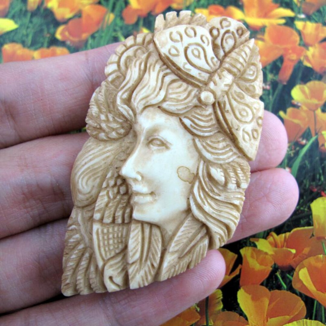 Hand Carved Bone Lady Pendant With Butterfly | Art Nouveau Style ...