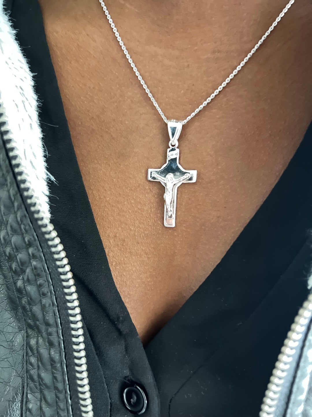 Silver Cross Necklace Crucifix Pendant Jesus & Cross Pendant Rope Chain ...