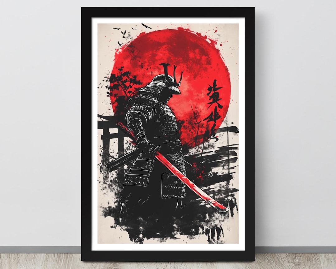 Samurai Warrior Framed Poster: Red Moon Japanese Art (A3 Size) - Etsy