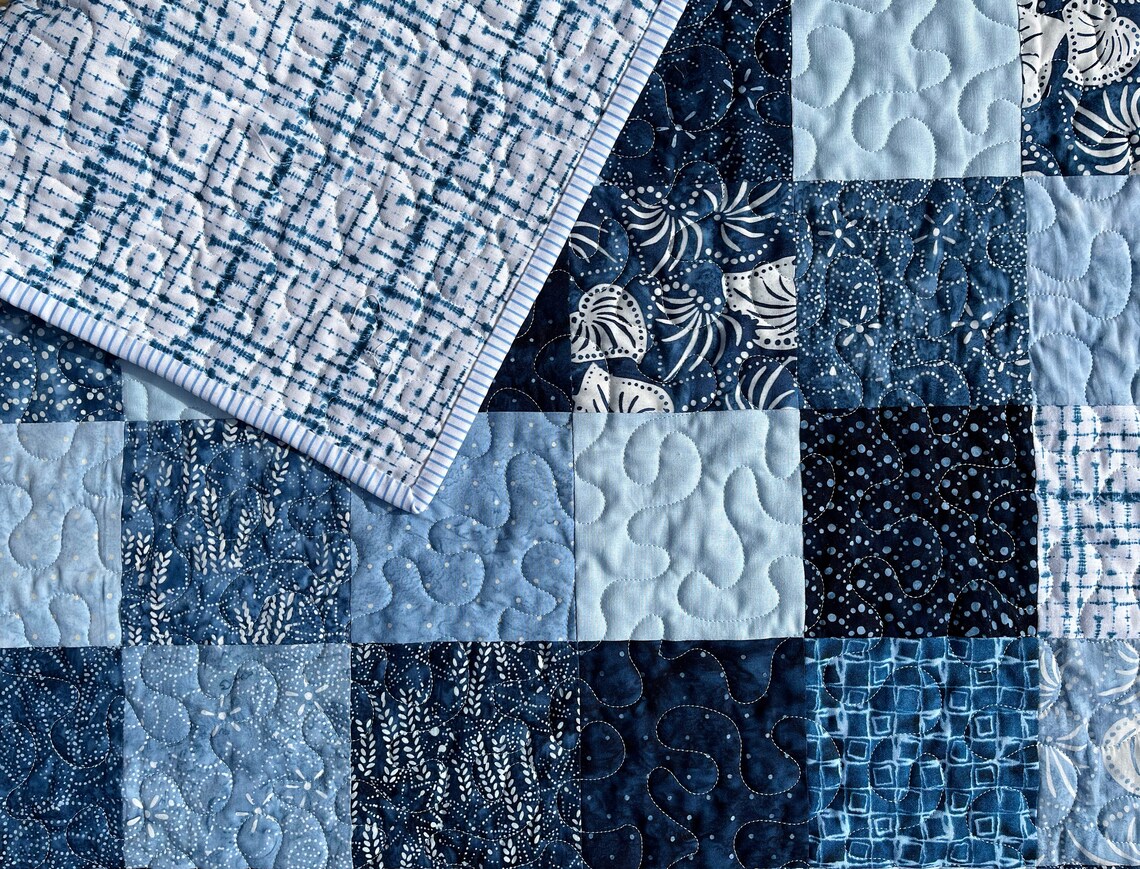 Handmade Baby Boy Quilt, Baby Blanket, Japanese Kasuri Print, Quilted ...
