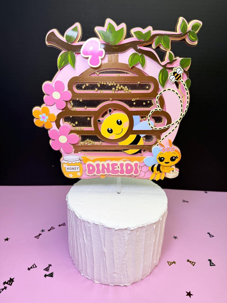 Bee Cake Topper, Pink & Yellow Honeycomb, Custom Birthday Decor - Etsy