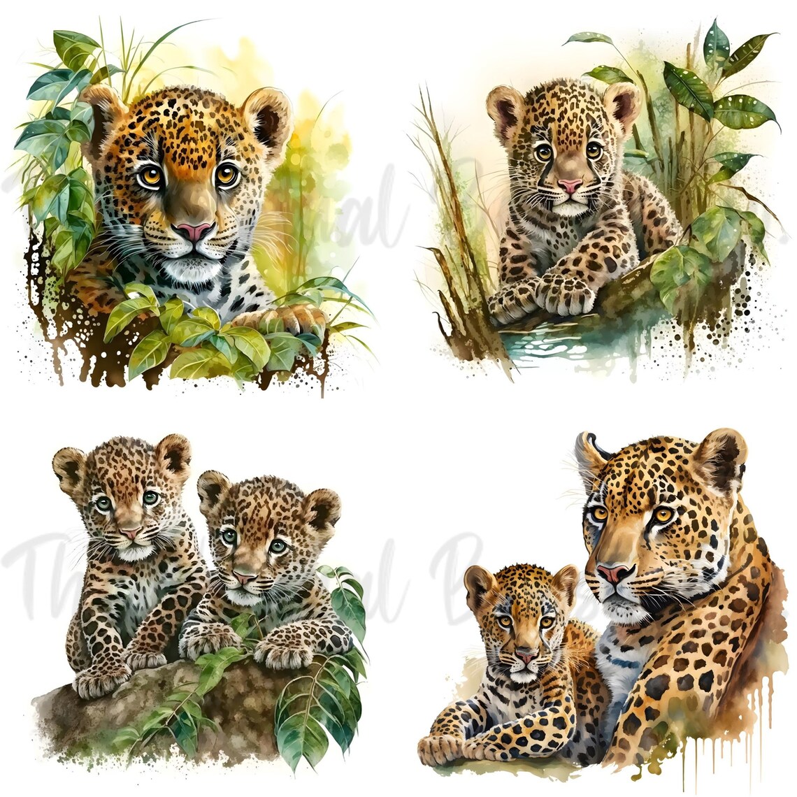Jungle Animals Clipart PNG Bundle, Baby Jaguar PNG, Watercolor, Baby ...