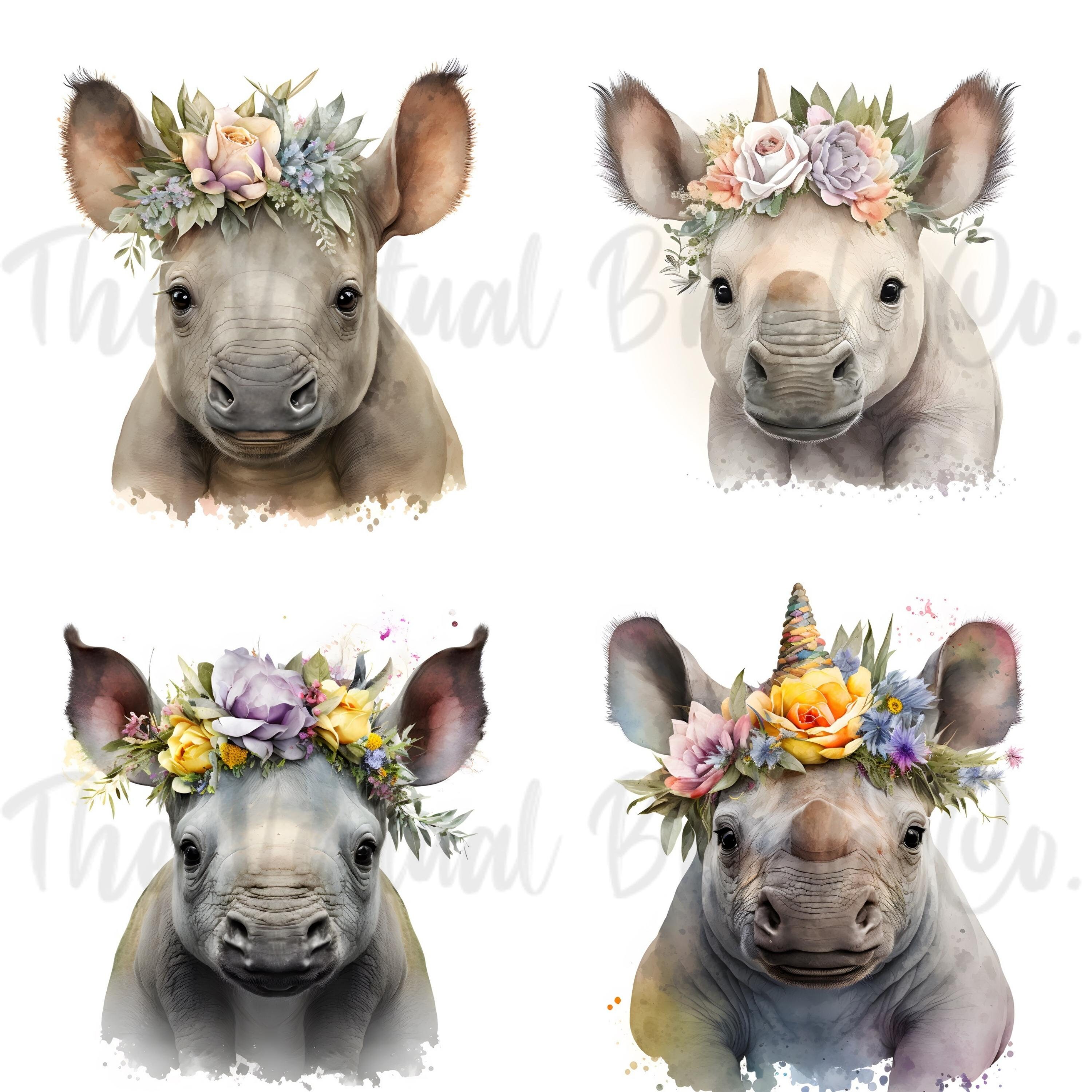 Safari Animals Clipart PNG Bundle, Baby Rhino PNG, Watercolor, Baby ...