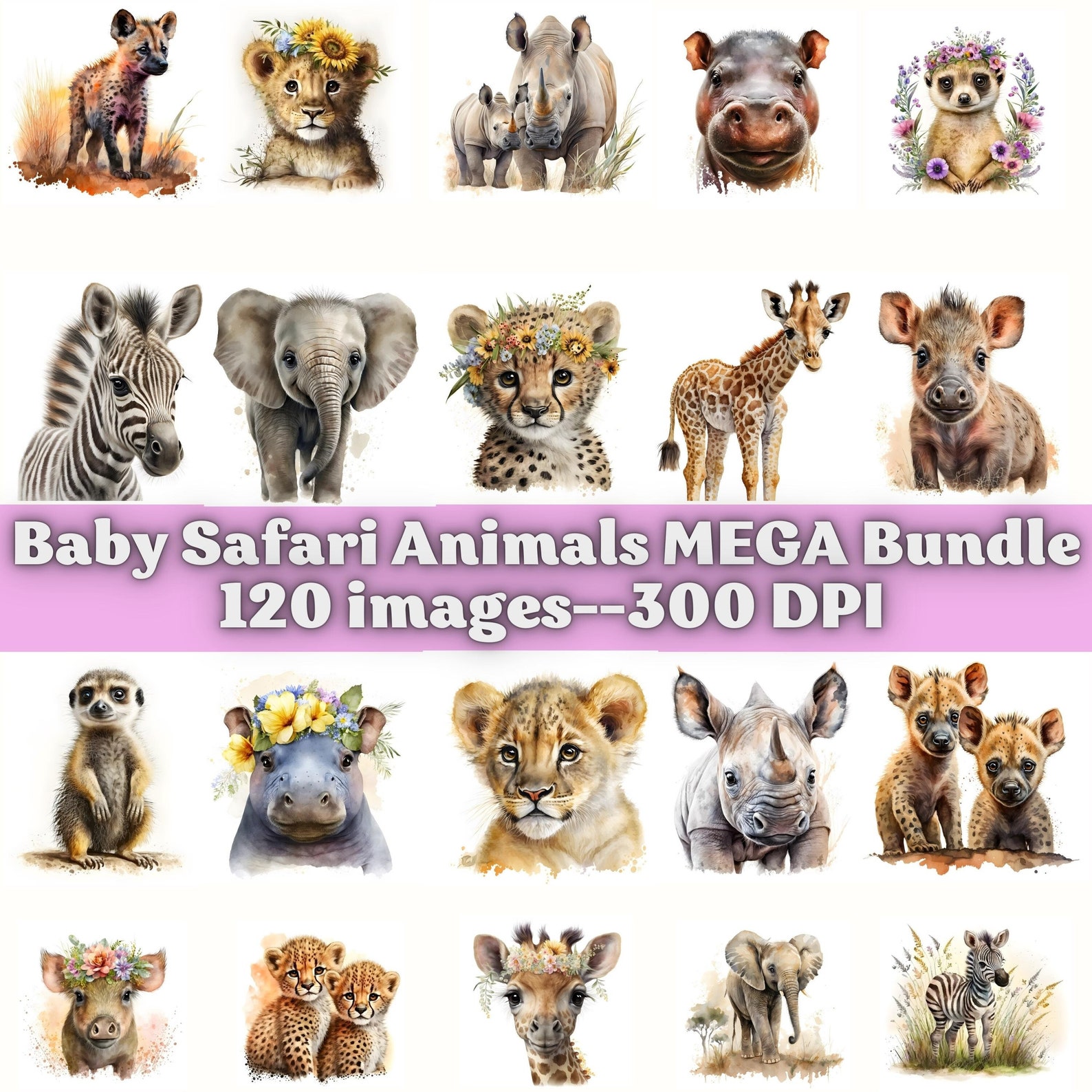 Safari Animals PNG Bundle, Baby Animals Clip Art, Watercolor, Safari ...