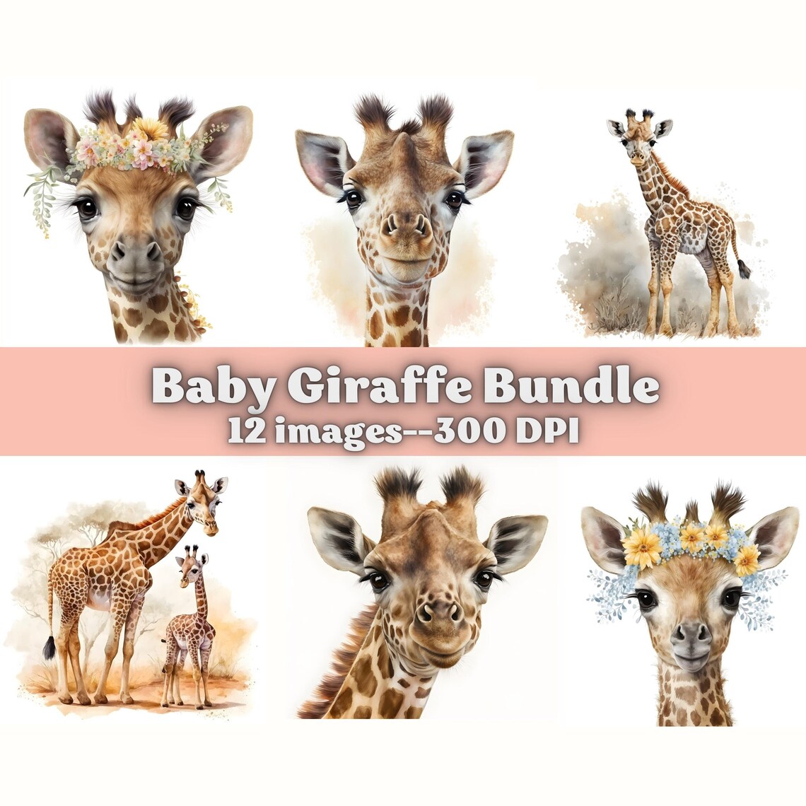 Safari Animals Clipart PNG Bundle, Baby Giraffe PNG, Watercolor, Baby ...