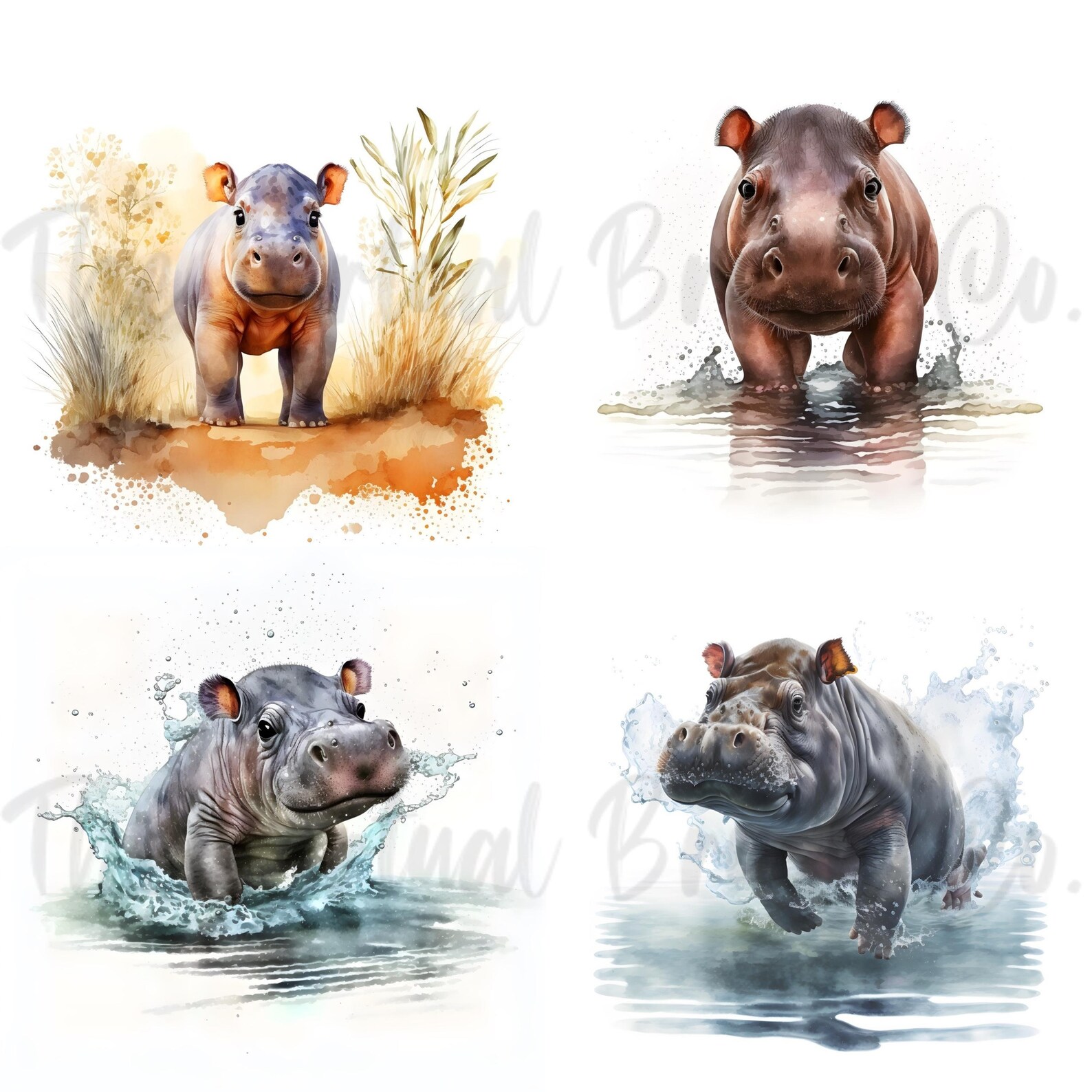 Safari Animals Clipart PNG Bundle, Baby Hippo PNG, Watercolor, Baby ...