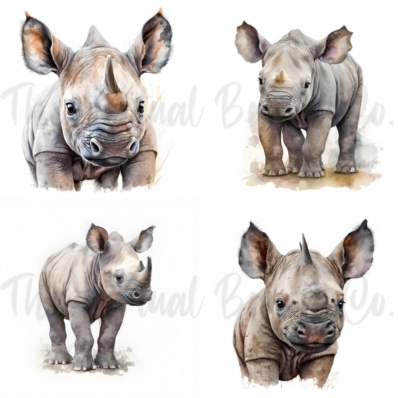 Safari Animals Clipart PNG Bundle, Baby Rhino PNG, Watercolor, Baby ...