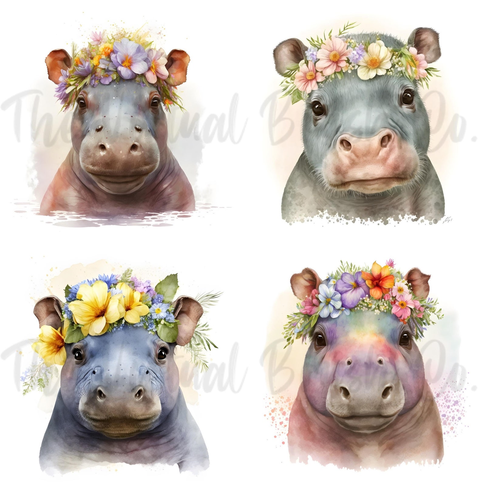 Safari Animals Clipart PNG Bundle, Baby Hippo PNG, Watercolor, Baby ...