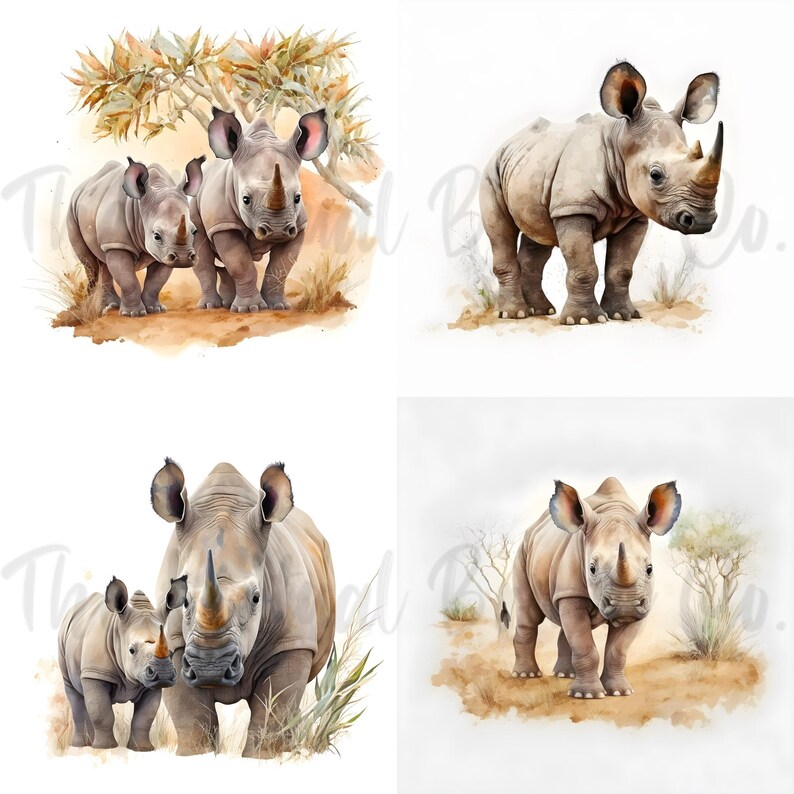 Safari Animals Clipart PNG Bundle, Baby Rhino PNG, Watercolor, Baby ...