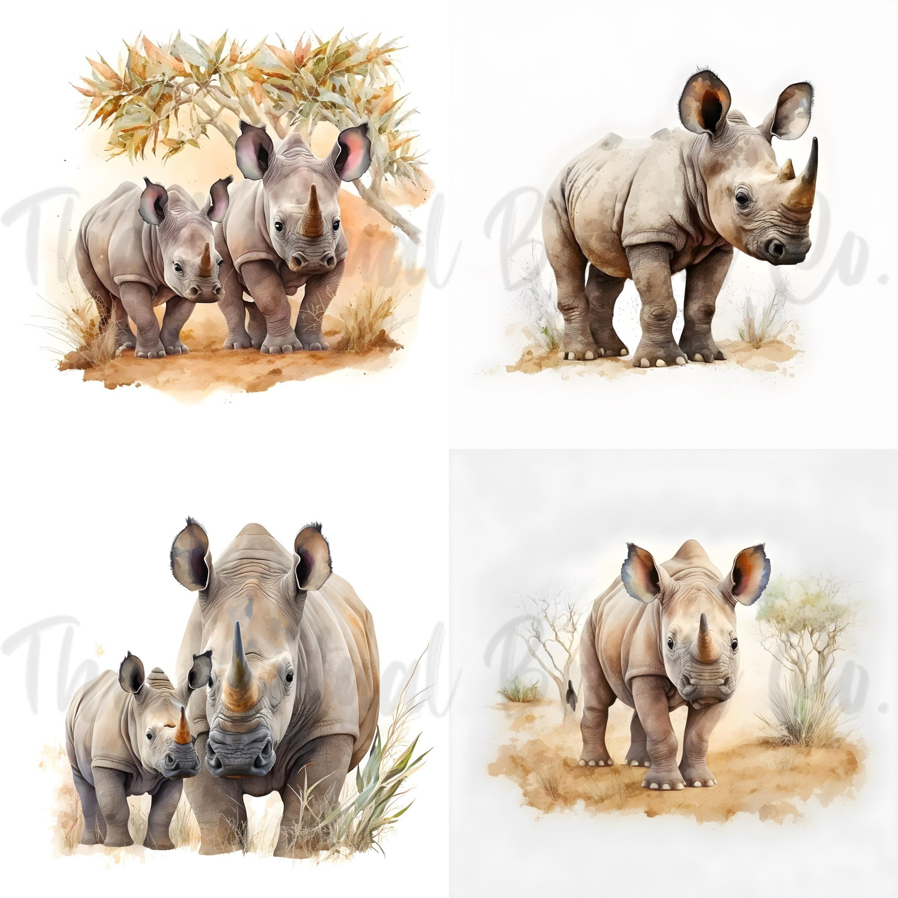 Safari Animals Clipart PNG Bundle, Baby Rhino PNG, Watercolor, Baby ...