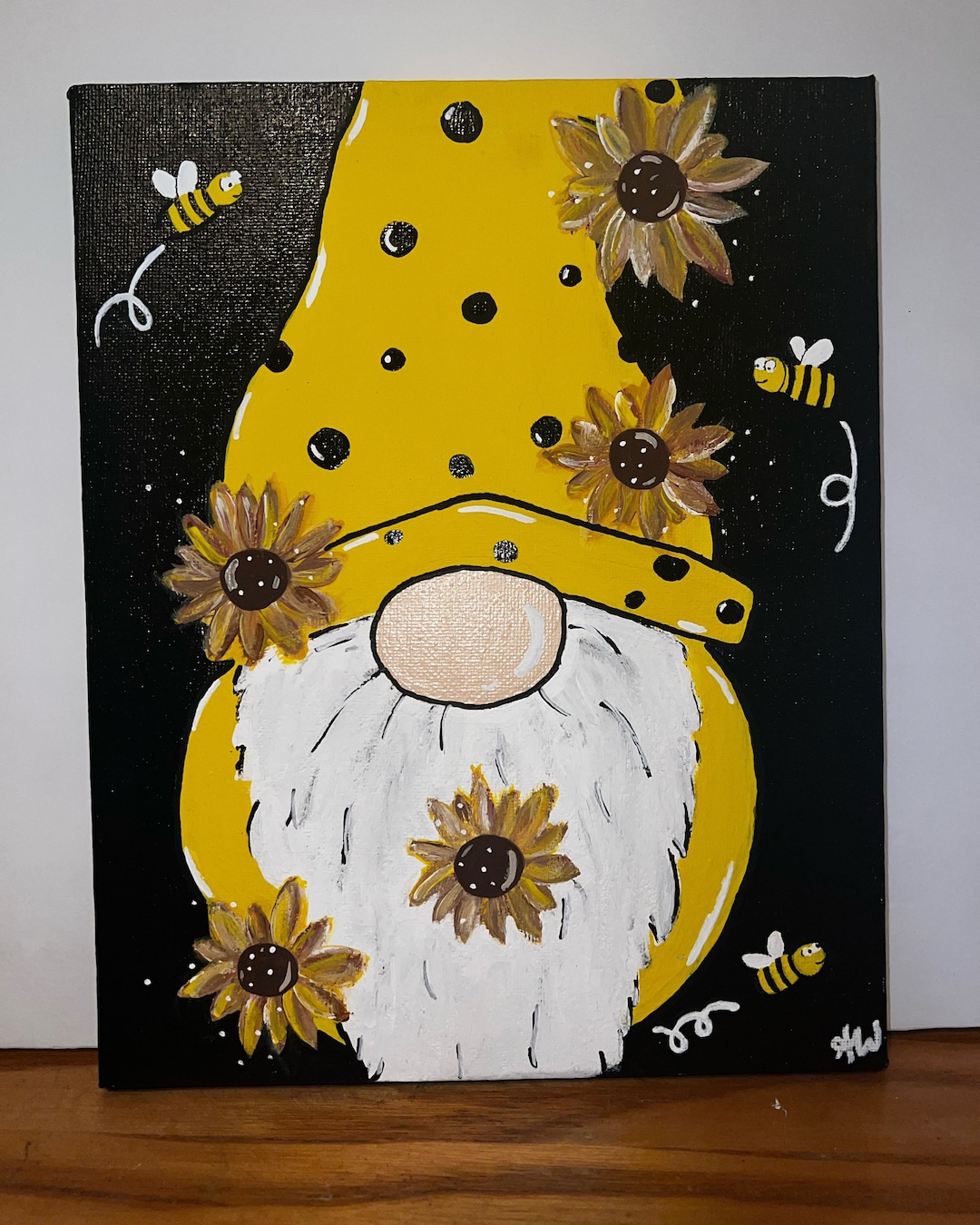 Gnome With Sunflowers and Bees Painting - Etsy