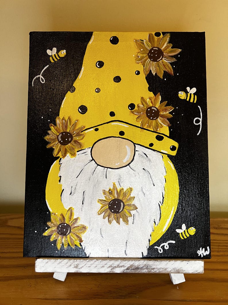 Gnome With Sunflowers and Bees Painting - Etsy