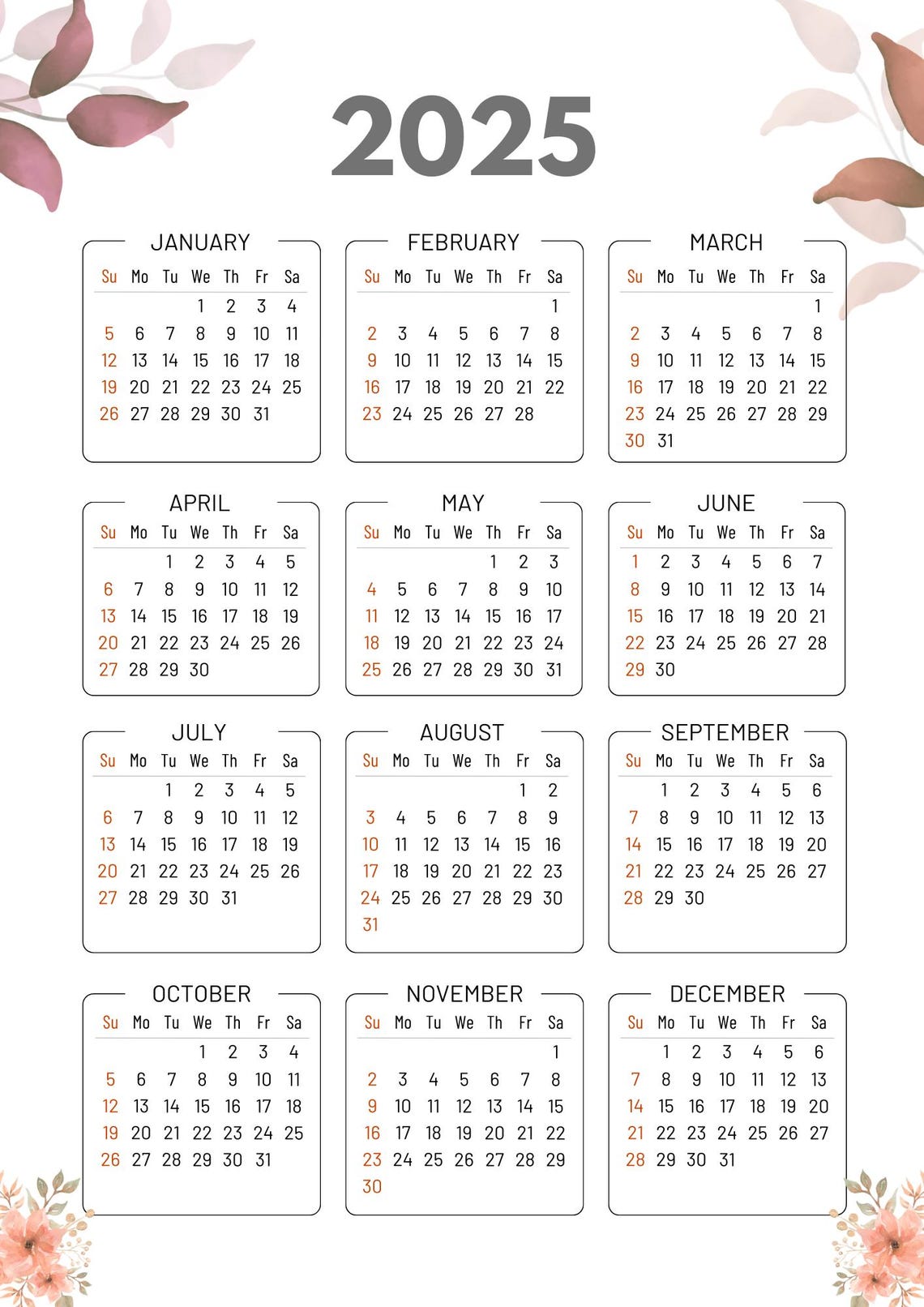 Simple Yearly Calendar 2025 | Printable Landscape | Simple Calendar PDF ...