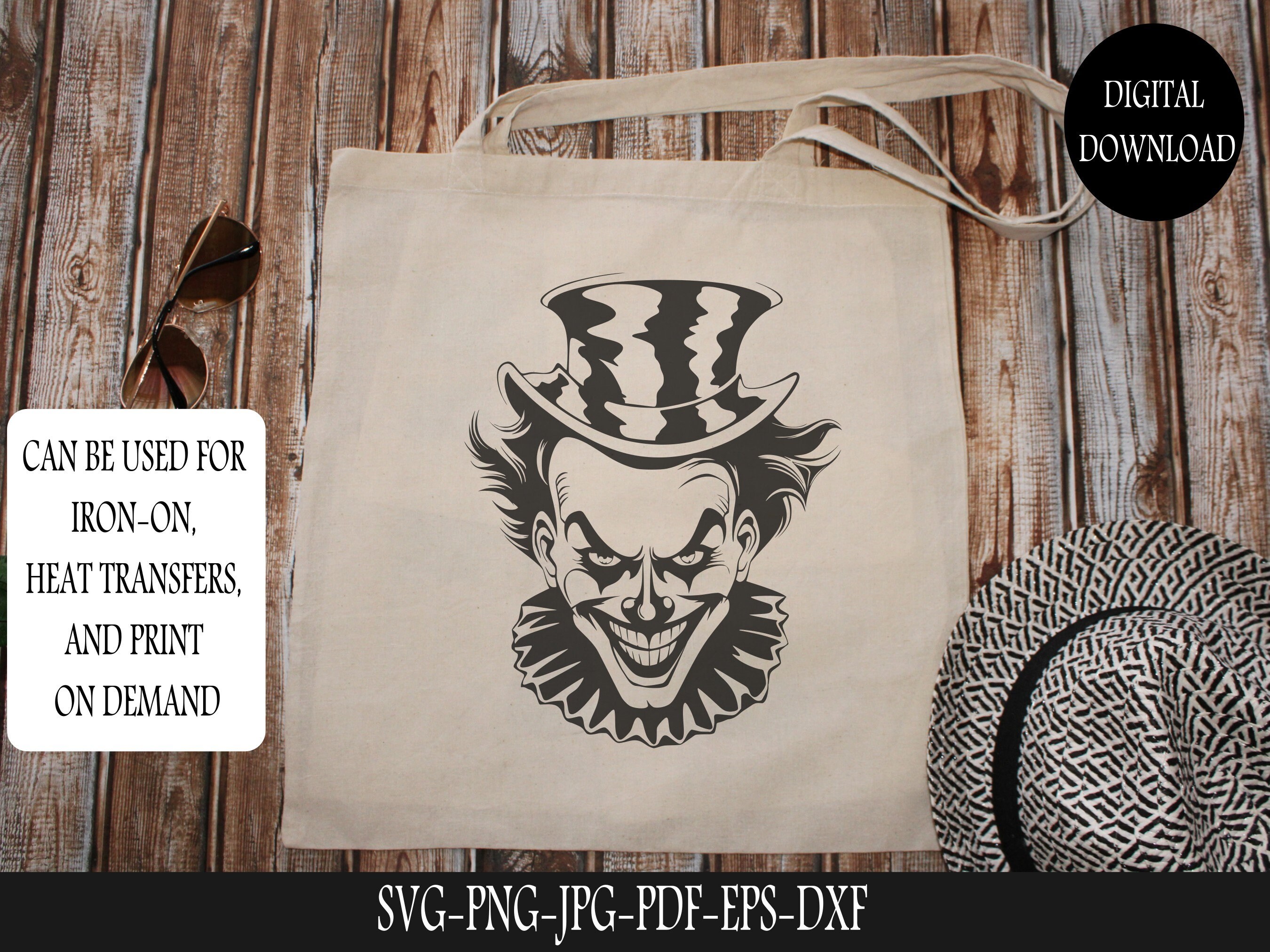 Clown SVG, Evil Jester DIY Transfer Sticker, Iron on Graphic, Stencil ...
