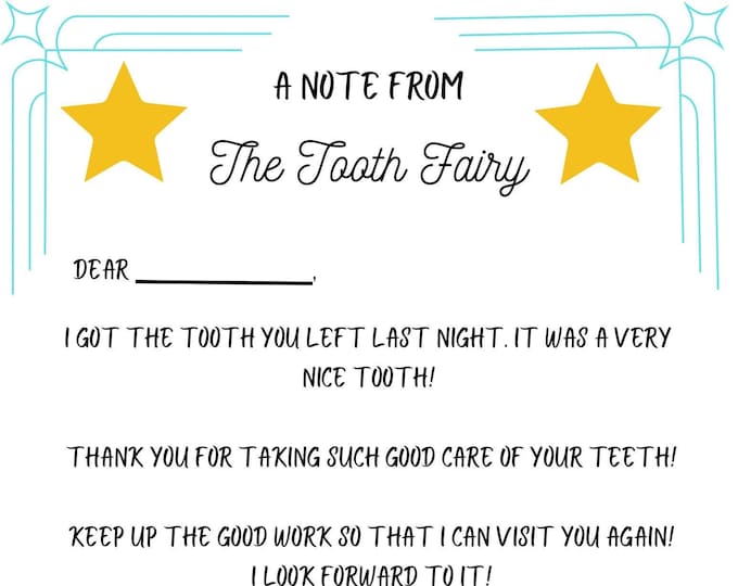 A Note From the Tooth Fairy, Fill in Yourself, Instant Download ...
