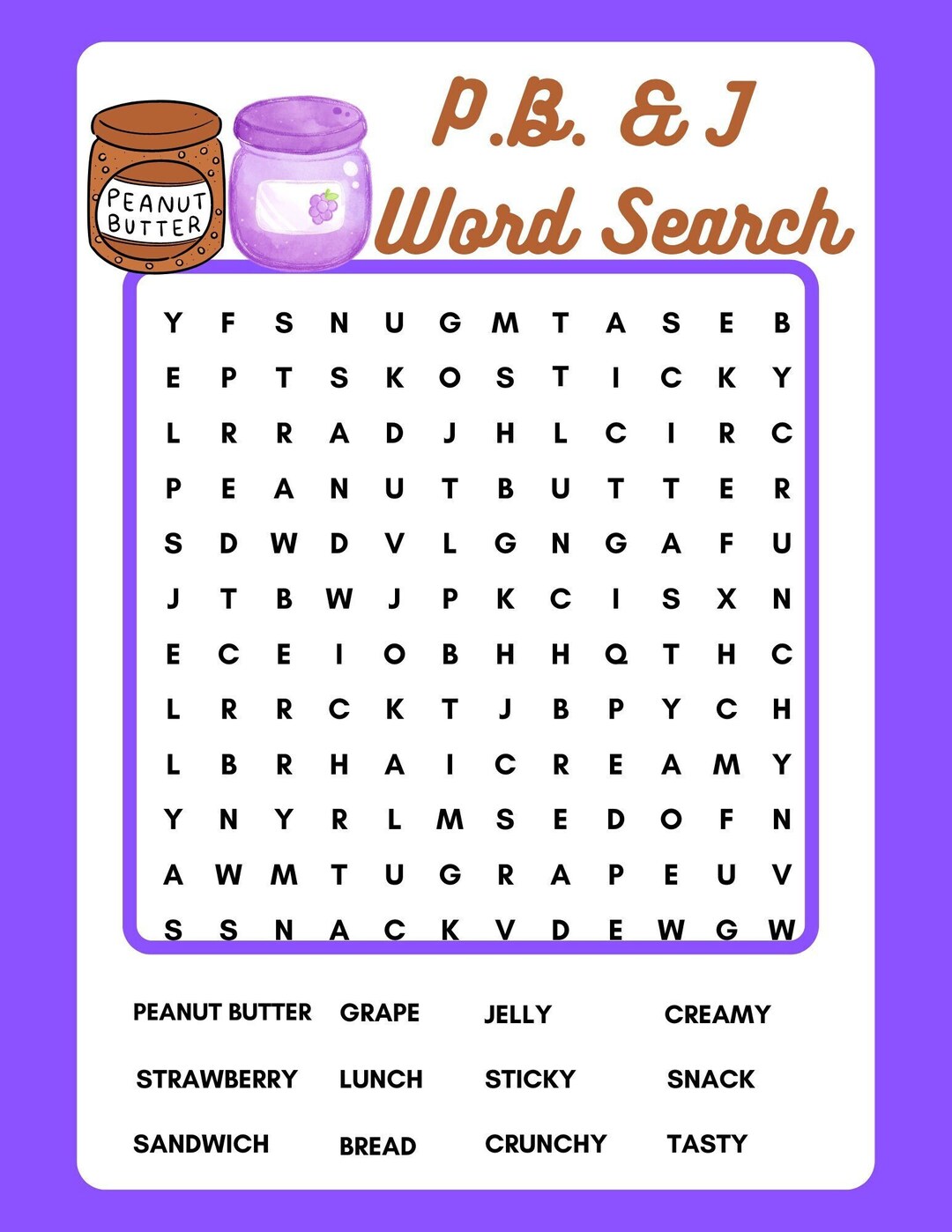Peanut Butter & Jelly Word Search, Instant Download, Printable, PDF - Etsy