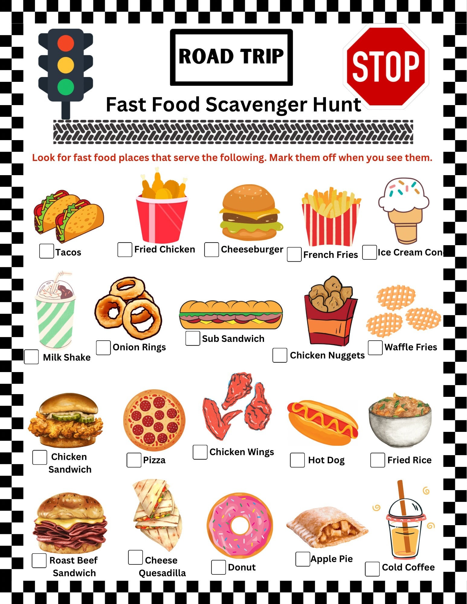 Road Trip Fast Food Scavenger Hunt, Printable PDF - Etsy
