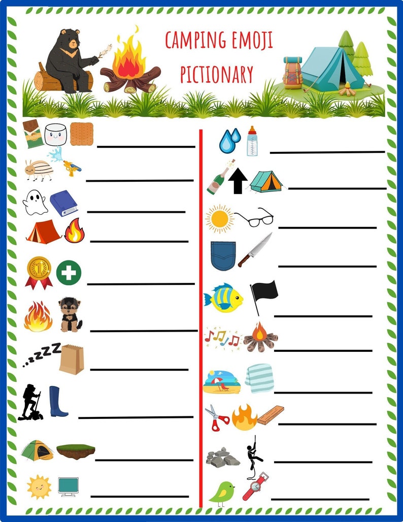Camping Emoji Pictionary, Instant Download, Printable, PDF - Etsy