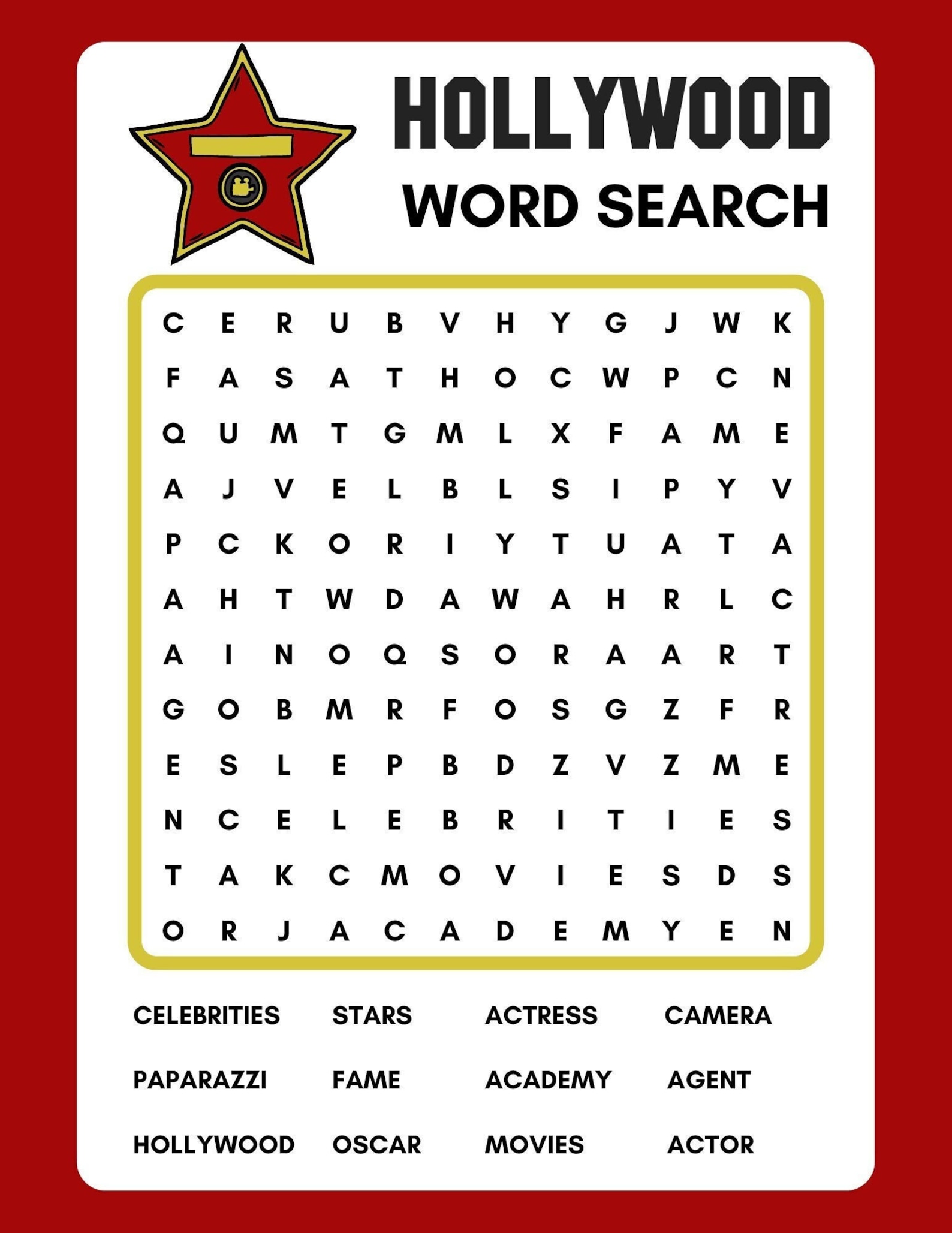 Hollywood Word Search, Printable, Instant Download, PDF - Etsy