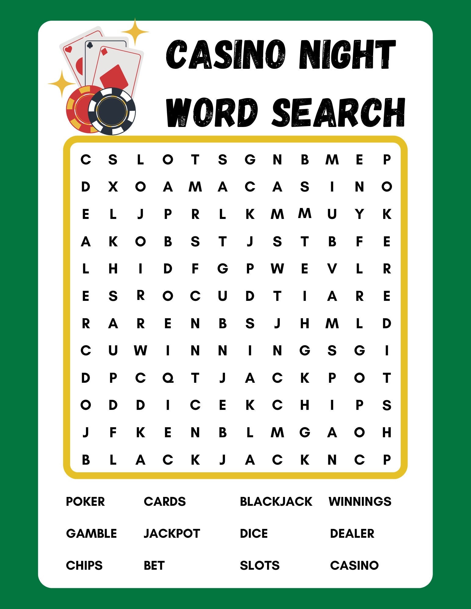 Casino Night Word Search, Printable, Instant Download, PDF - Etsy