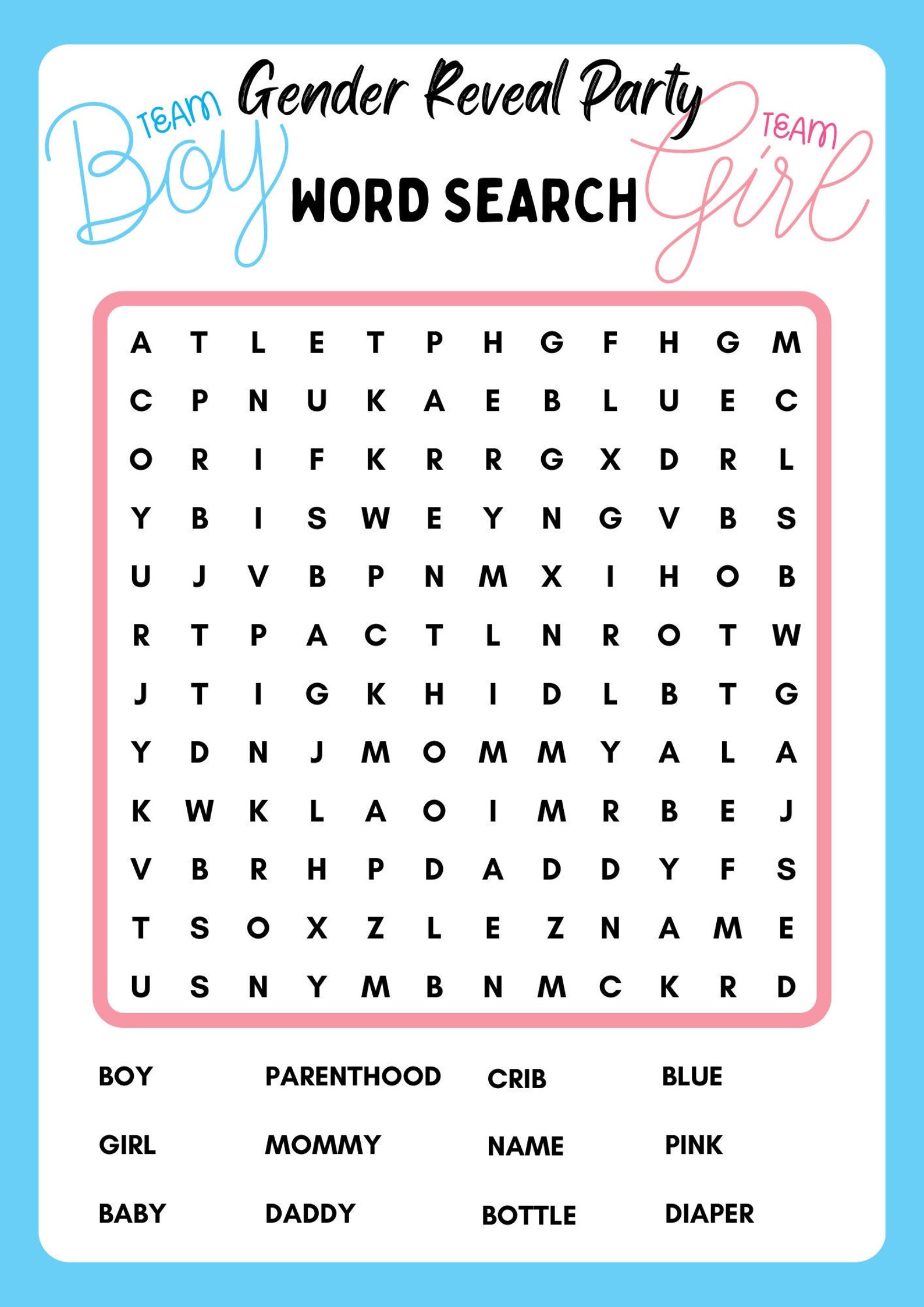 Gender Reveal Party Word Search, Instant Download, Printable, PDF - Etsy