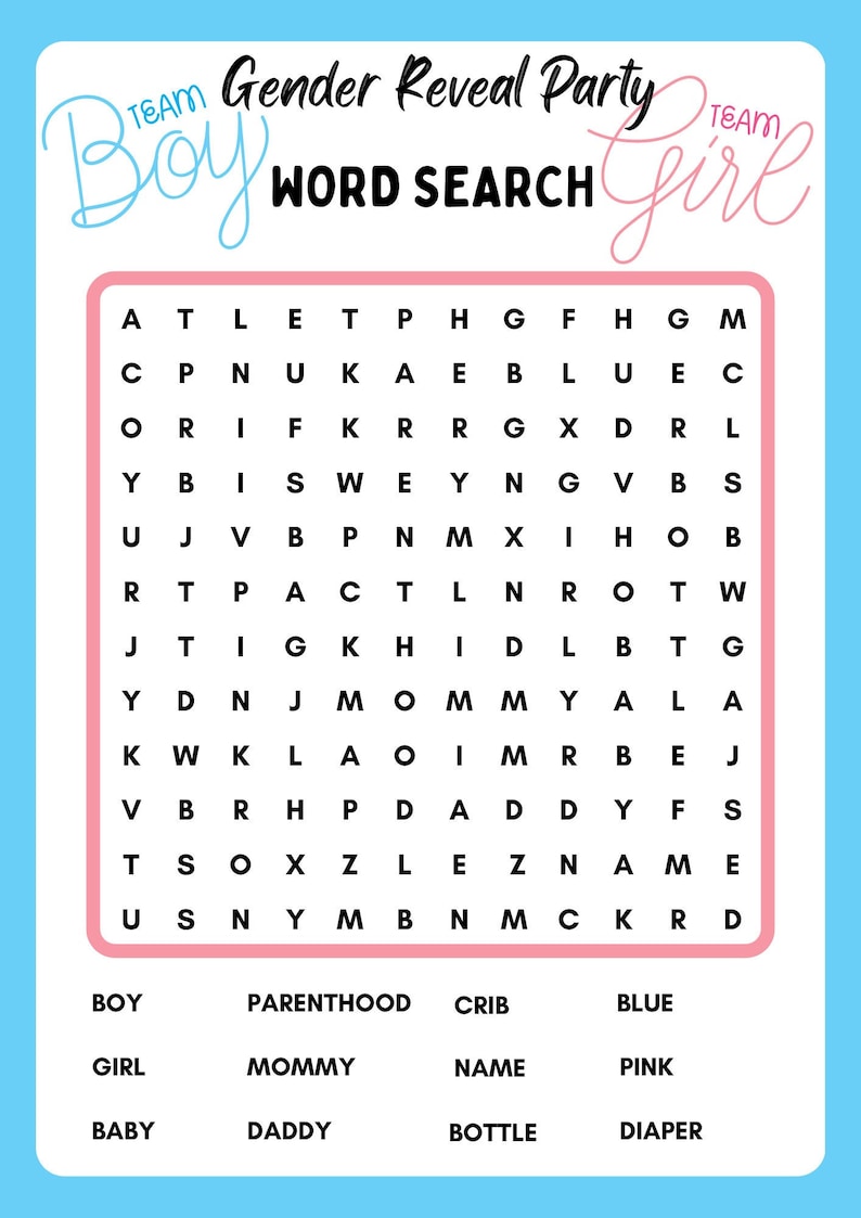 Gender Reveal Party Word Search, Instant Download, Printable, PDF - Etsy